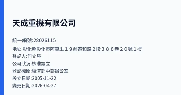 天成重機有限公司的照片-統編 28026115(彰化縣) 公司登記資料與營業項目詳細圖表
