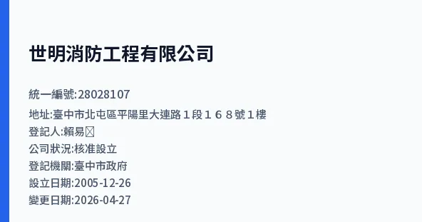 世明消防工程有限公司的照片-統編 28028107(臺中市) 公司登記資料與營業項目詳細圖表