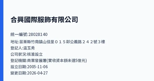 合興國際服飾有限公司的照片-統編 28028140(苗栗縣) 公司登記資料與營業項目詳細圖表