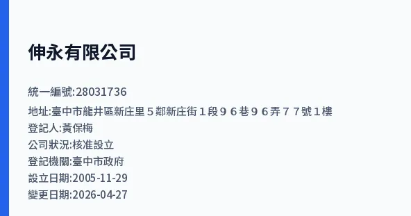伸永有限公司的照片-統編 28031736(臺中市) 公司登記資料與營業項目詳細圖表