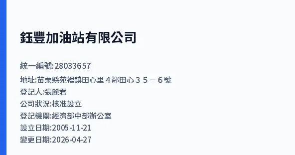鈺豐加油站有限公司的照片-統編 28033657(苗栗縣) 公司登記資料與營業項目詳細圖表