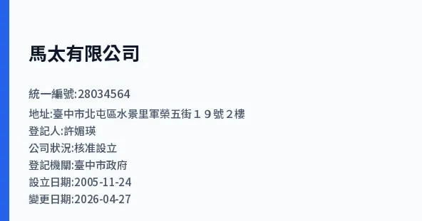 馬太有限公司的照片-統編 28034564(臺中市) 公司登記資料與營業項目詳細圖表