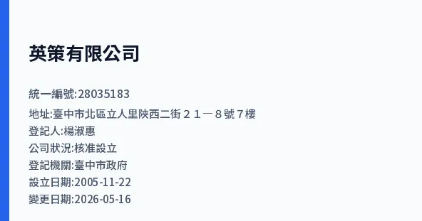 英策有限公司的照片-統編 28035183(臺中市) 公司登記資料與營業項目詳細圖表