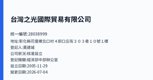 台灣之光國際貿易有限公司的照片-統編 28038999(彰化縣) 公司登記資料與營業項目詳細圖表