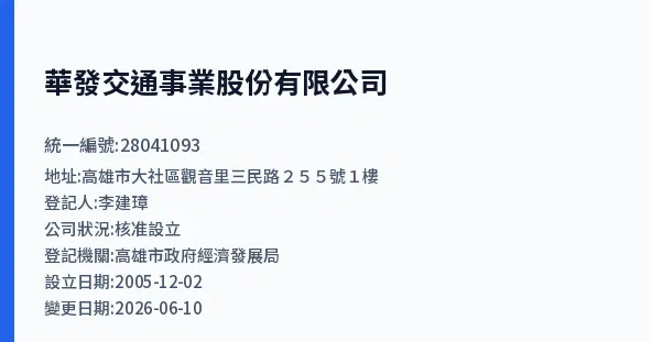 華發交通事業股份有限公司的照片-統編 28041093(高雄市) 公司登記資料與營業項目詳細圖表
