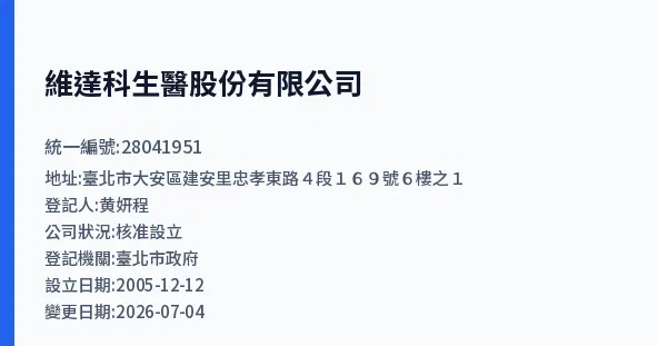 維達科生醫股份有限公司的照片-統編 28041951(臺北市) 公司登記資料與營業項目詳細圖表