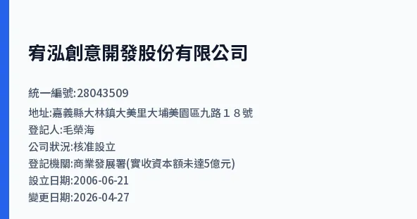 宥泓創意開發股份有限公司的照片-統編 28043509(嘉義縣) 公司登記資料與營業項目詳細圖表