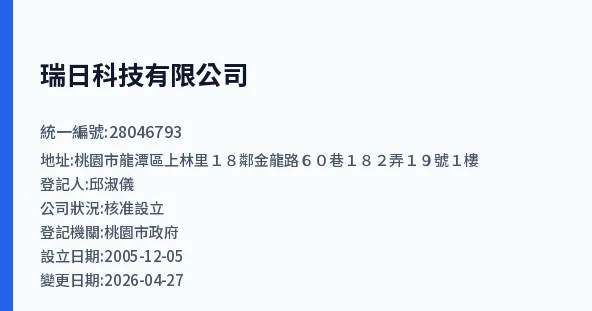 瑞日科技有限公司的照片-統編 28046793(桃園市) 公司登記資料與營業項目詳細圖表