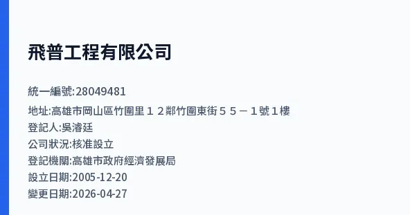 飛普工程有限公司的照片-統編 28049481(高雄市) 公司登記資料與營業項目詳細圖表