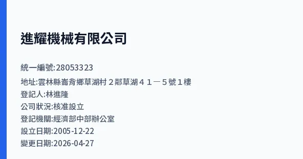 進耀機械有限公司的照片-統編 28053323(雲林縣) 公司登記資料與營業項目詳細圖表