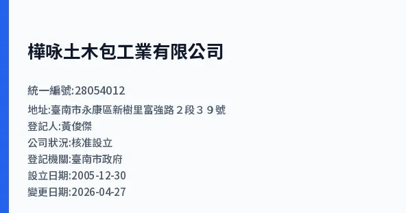 樺咏土木包工業有限公司的照片-統編 28054012(臺南市) 公司登記資料與營業項目詳細圖表