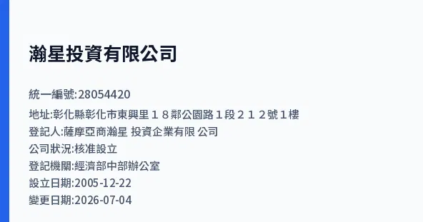 瀚星投資有限公司的照片-統編 28054420(彰化縣) 公司登記資料與營業項目詳細圖表