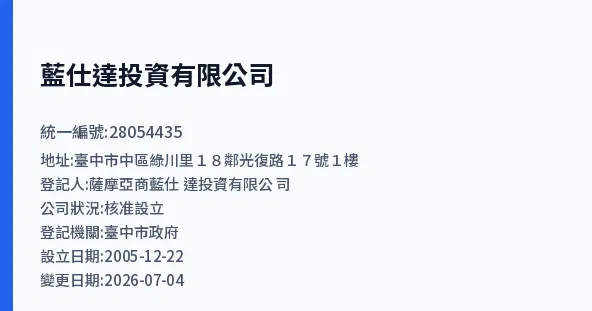 藍仕達投資有限公司的照片-統編 28054435(臺中市) 公司登記資料與營業項目詳細圖表