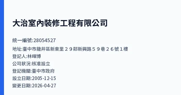 大治室內裝修工程有限公司的照片-統編 28054527(臺中市) 公司登記資料與營業項目詳細圖表