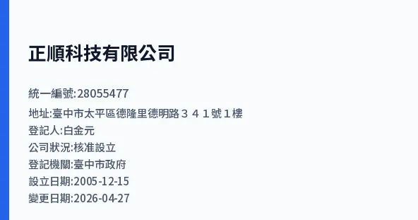 正順科技有限公司的照片-統編 28055477(臺中市) 公司登記資料與營業項目詳細圖表