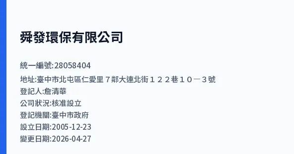 舜發環保有限公司的照片-統編 28058404(臺中市) 公司登記資料與營業項目詳細圖表