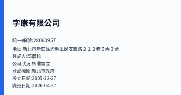 字康有限公司的照片-統編 28060957(新北市) 公司登記資料與營業項目詳細圖表