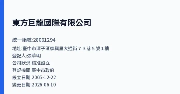 東方巨龍國際有限公司的照片-統編 28061294(臺中市) 公司登記資料與營業項目詳細圖表