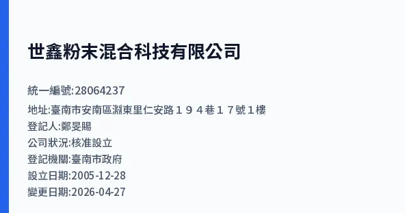 世鑫粉末混合科技有限公司的照片-統編 28064237(臺南市) 公司登記資料與營業項目詳細圖表