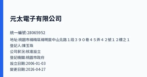 元太電子有限公司的照片-統編 28065952(桃園市) 公司登記資料與營業項目詳細圖表