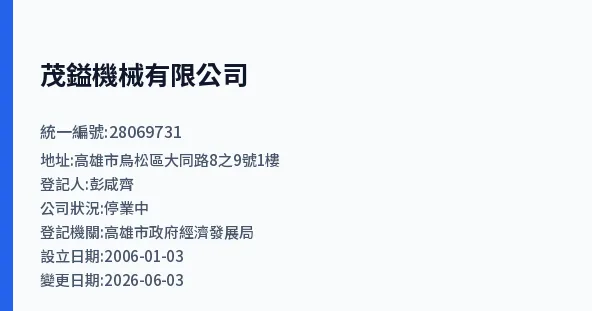 茂鎰機械有限公司的照片-統編 28069731(高雄市) 公司登記資料與營業項目詳細圖表