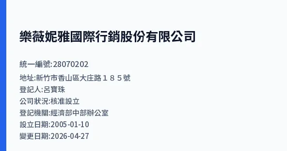 樂薇妮雅國際行銷股份有限公司的照片-統編 28070202(新竹市) 公司登記資料與營業項目詳細圖表