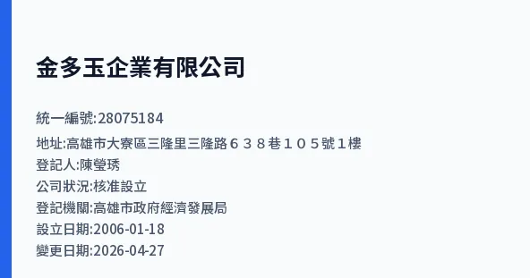 金多玉企業有限公司的照片-統編 28075184(高雄市) 公司登記資料與營業項目詳細圖表