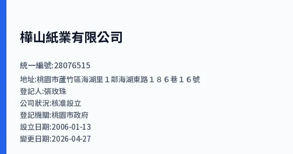 樺山紙業有限公司的照片-統編 28076515(桃園市) 公司登記資料與營業項目詳細圖表