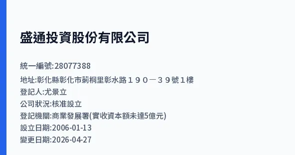 盛通投資股份有限公司的照片-統編 28077388(彰化縣) 公司登記資料與營業項目詳細圖表