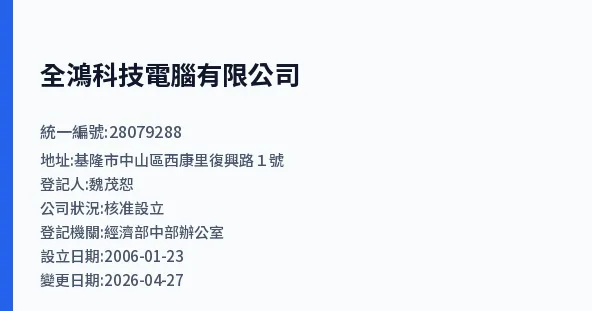 全鴻科技電腦有限公司的照片-統編 28079288(基隆市) 公司登記資料與營業項目詳細圖表