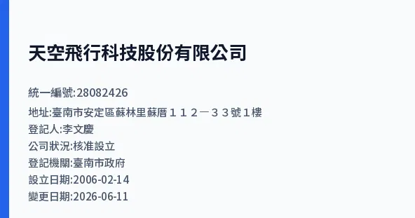 天空飛行科技股份有限公司的照片-統編 28082426(臺南市) 公司登記資料與營業項目詳細圖表