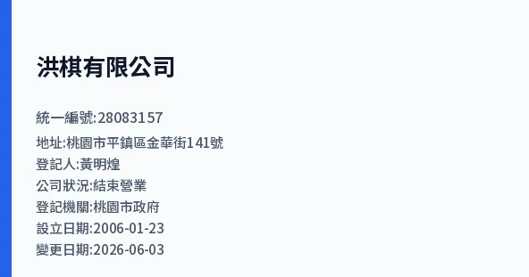 洪棋有限公司的照片-統編 28083157(桃園市) 公司登記資料與營業項目詳細圖表