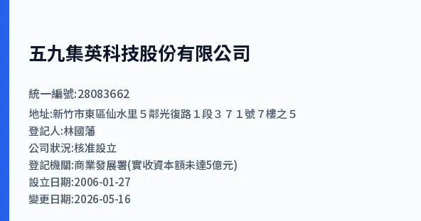 五九集英科技股份有限公司的照片-統編 28083662(新竹市) 公司登記資料與營業項目詳細圖表