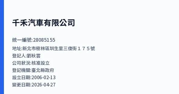 千禾汽車有限公司的照片-統編 28085155(新北市) 公司登記資料與營業項目詳細圖表