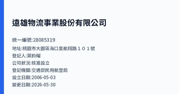 遠雄物流事業股份有限公司的照片-統編 28085319(桃園市) 公司登記資料與營業項目詳細圖表
