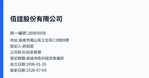 佰誼股份有限公司的照片-統編 28085958(高雄市) 公司登記資料與營業項目詳細圖表