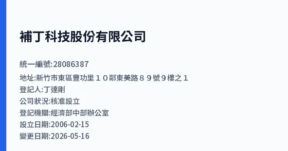 補丁科技股份有限公司的照片-統編 28086387(新竹市) 公司登記資料與營業項目詳細圖表