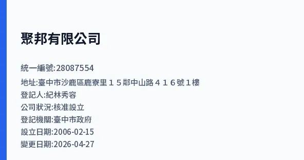 聚邦有限公司的照片-統編 28087554(臺中市) 公司登記資料與營業項目詳細圖表