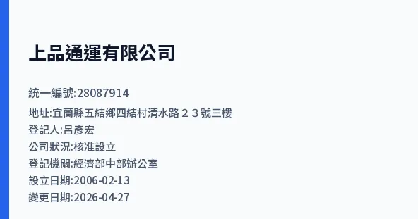 上品通運有限公司的照片-統編 28087914(宜蘭縣) 公司登記資料與營業項目詳細圖表