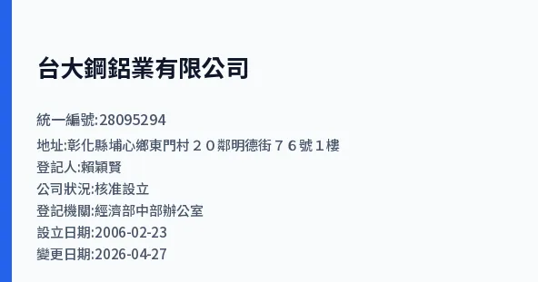 台大鋼鋁業有限公司的照片-統編 28095294(彰化縣) 公司登記資料與營業項目詳細圖表