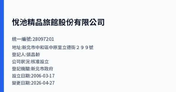 悅池精品旅館股份有限公司的照片-統編 28097201(新北市) 公司登記資料與營業項目詳細圖表