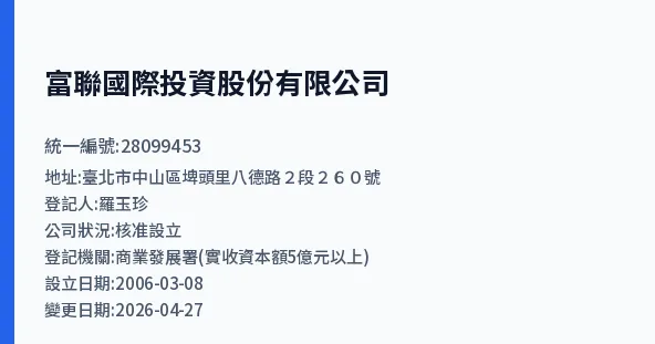 富聯國際投資股份有限公司的照片-統編 28099453(臺北市) 公司登記資料與營業項目詳細圖表