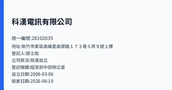 科漢電訊有限公司的照片-統編 28102035(新竹市) 公司登記資料與營業項目詳細圖表