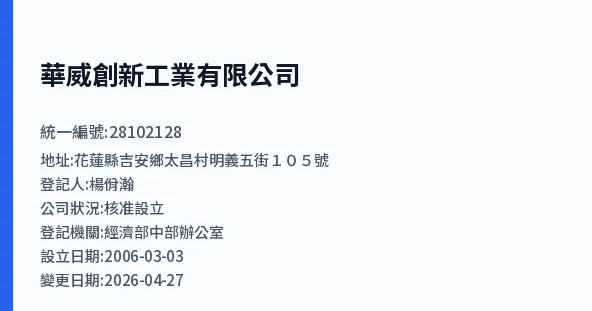 華威創新工業有限公司的照片-統編 28102128(花蓮縣) 公司登記資料與營業項目詳細圖表