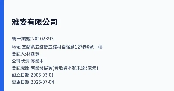 雅姿有限公司的照片-統編 28102393(宜蘭縣) 公司登記資料與營業項目詳細圖表