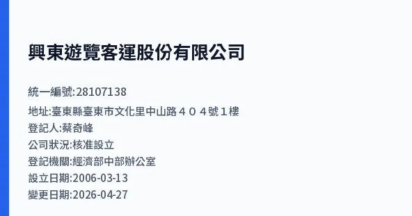 興東遊覽客運股份有限公司的照片-統編 28107138(臺東縣) 公司登記資料與營業項目詳細圖表