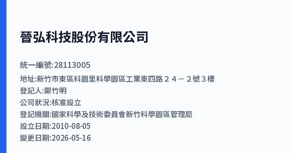 晉弘科技股份有限公司的照片-統編 28113005(新竹市) 公司登記資料與營業項目詳細圖表