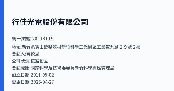 行佳光電股份有限公司的照片-統編 28113119(新竹縣) 公司登記資料與營業項目詳細圖表