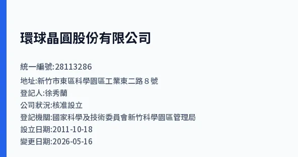 環球晶圓股份有限公司的照片-統編 28113286(新竹市) 公司登記資料與營業項目詳細圖表