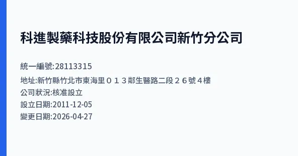 科進製藥科技股份有限公司新竹分公司的照片-統編 28113315(新竹縣) 公司登記資料與營業項目詳細圖表